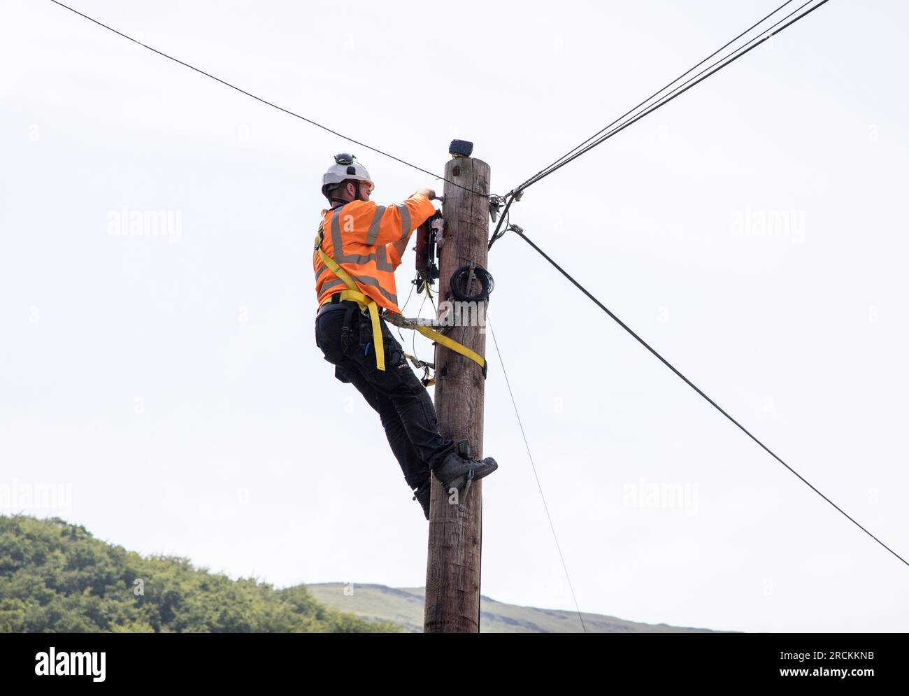 Ogi engineer up a telephone pole installing fibre optic cable for ...