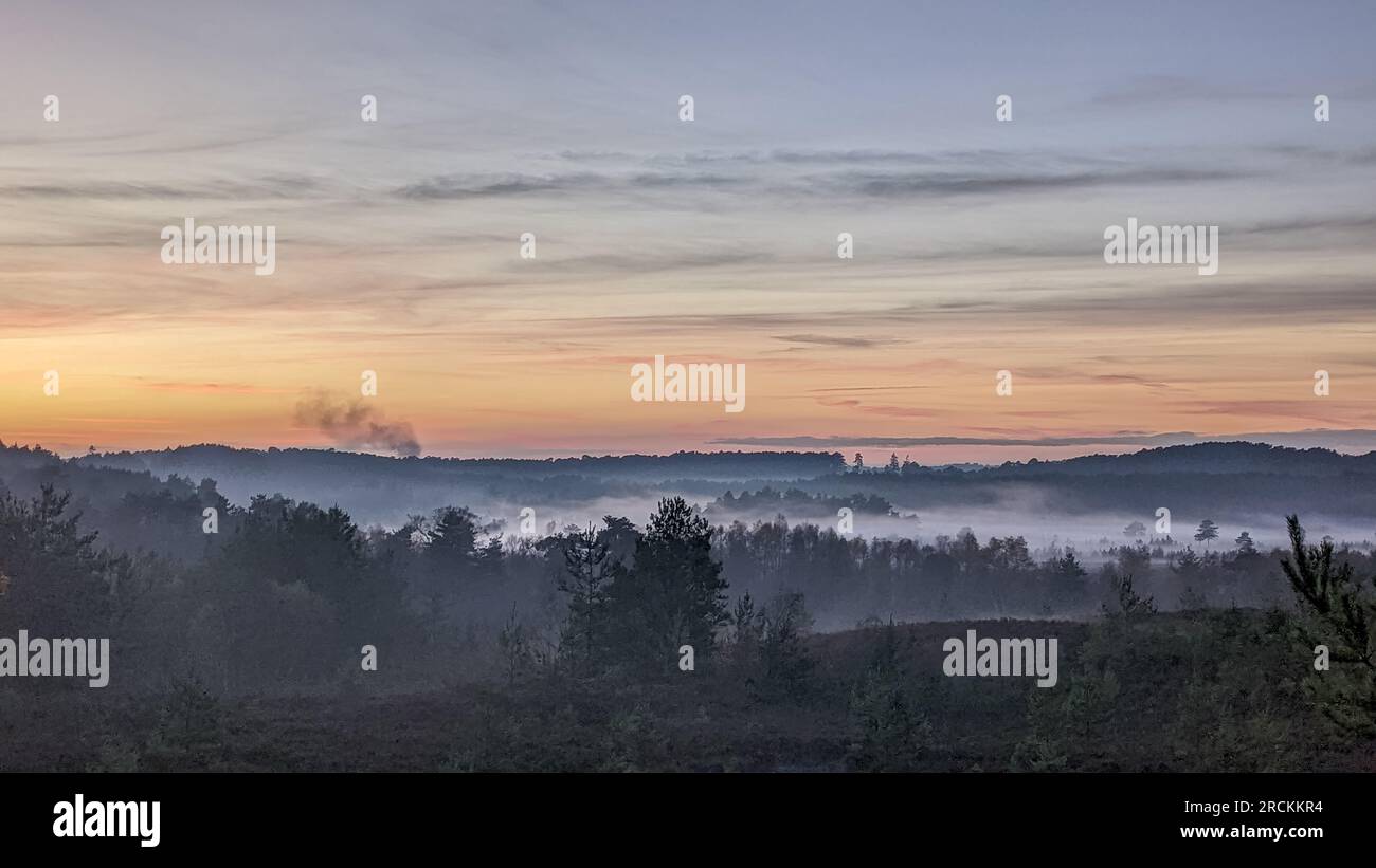 View around Frensham Common great and little pond in winter sunset ...