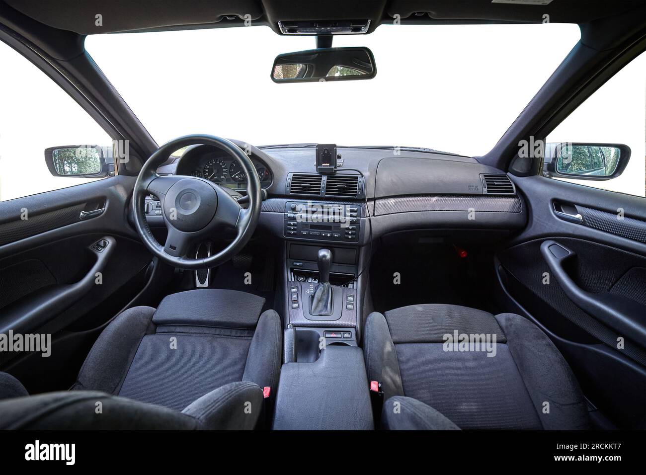 Inside a modern car photo interior with transparent windows view, city ...