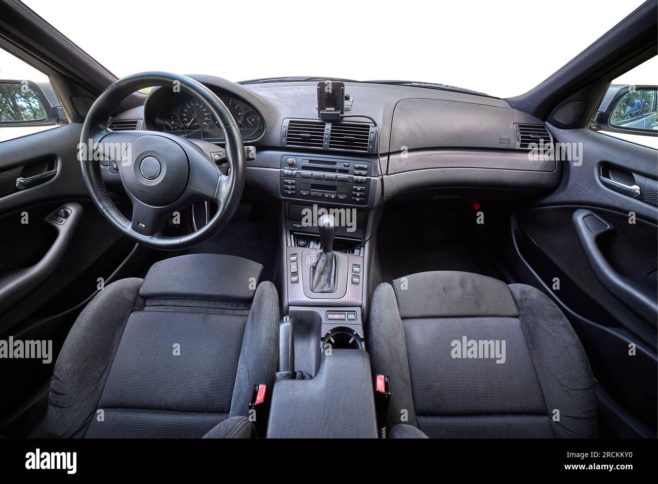 Car sensors and interior. Inside a modern car with transparent windows ...