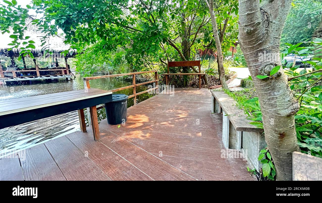 Wooden walkway in the park with green trees and plants Stock Photo - Alamy