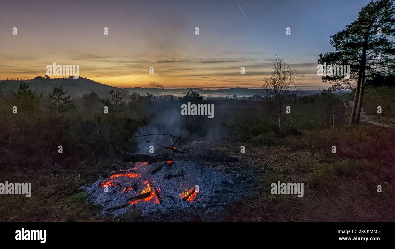View around Frensham Common great and little pond in winter sunset ...