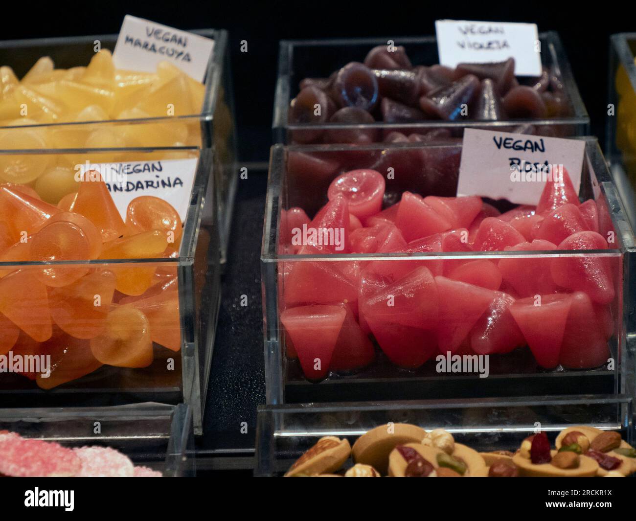 vegan assorted sweets boqueria the barcelona fruit seafood meat ham food market Stock Photo - Alamy