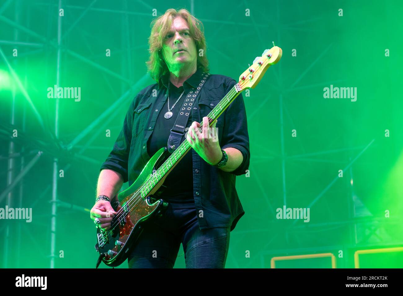 John Leven of the Swedish band of Europe, play the bass during their ...