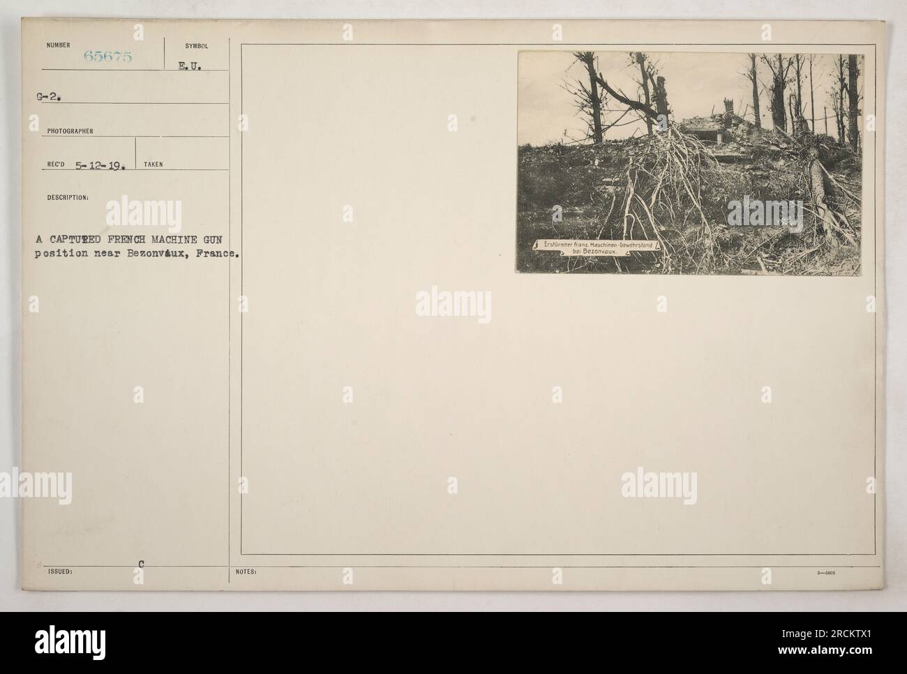 A captured French machine gun position near Bezonvaux, France during ...