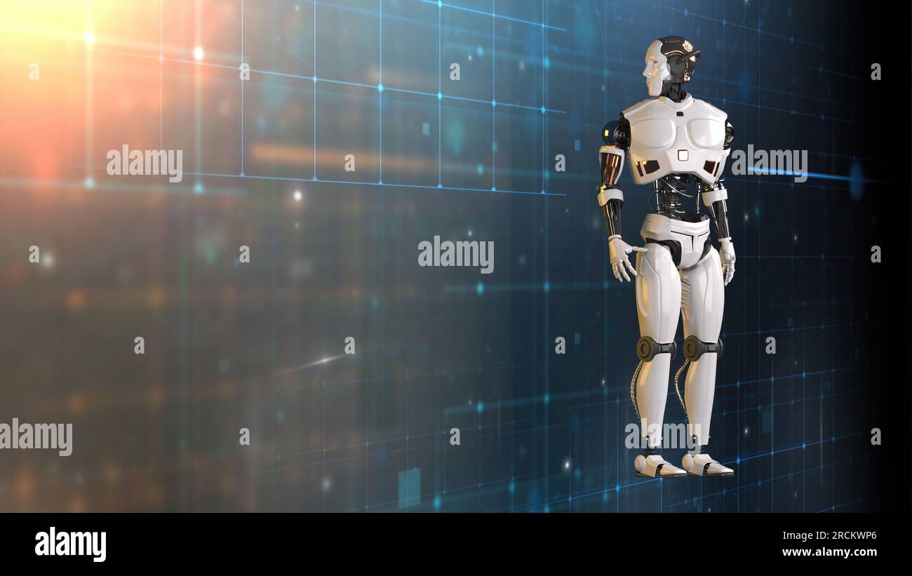 3d rendering of Mechanical Minds, AI robots amid a web of complex algorithms, deciphering the ...