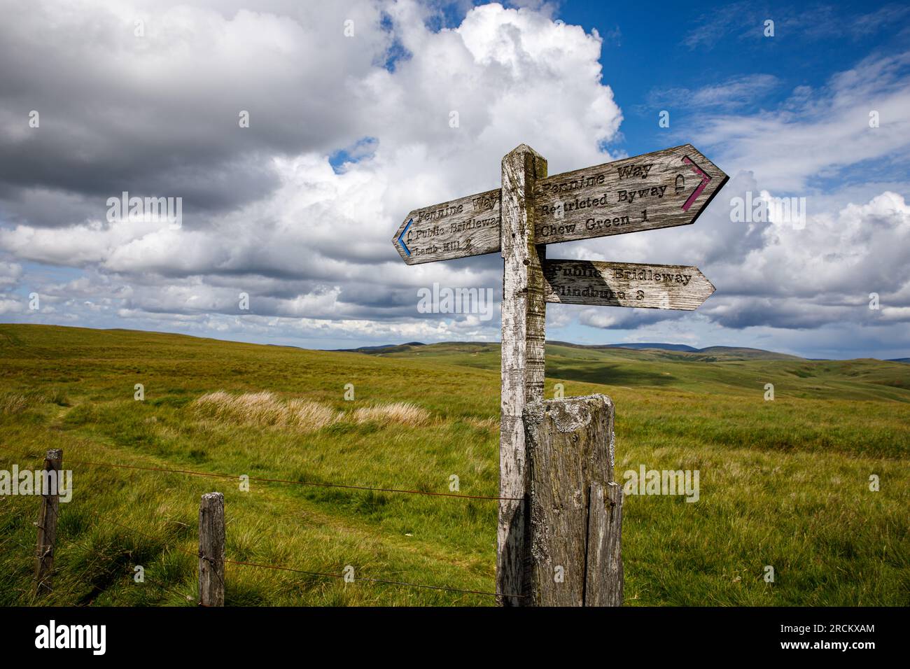 Signpost on the Pennine Way, Cheviot Hills, Northumberland, England ...