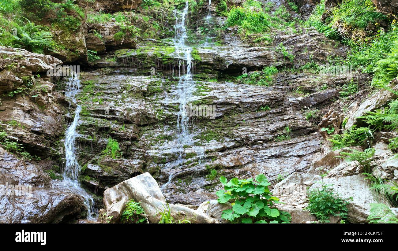 Waterfalls forest Vysoky vodopad, aerial drone stream way through ...