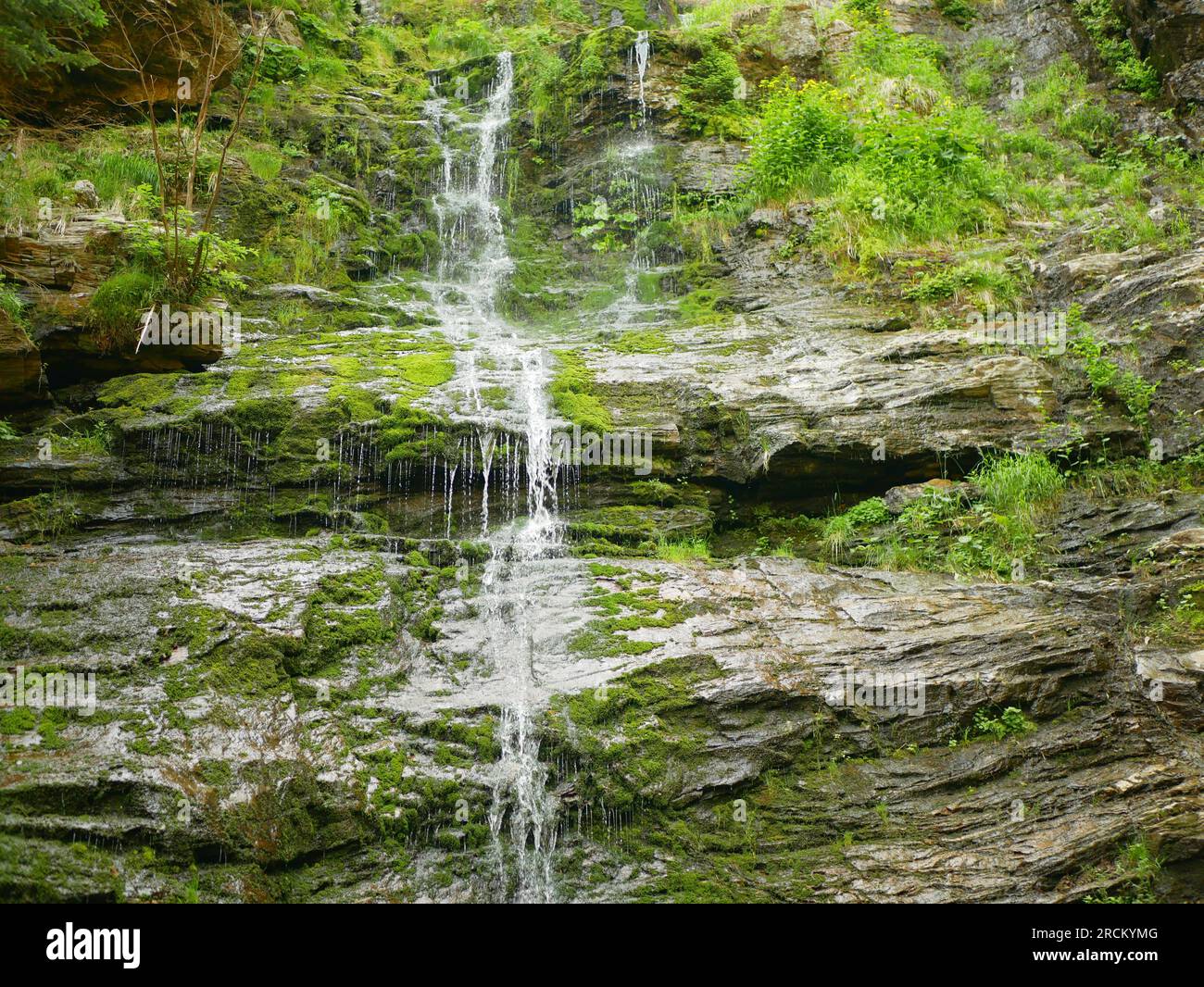 Waterfalls forest Vysoky vodopad, aerial drone stream way through ...
