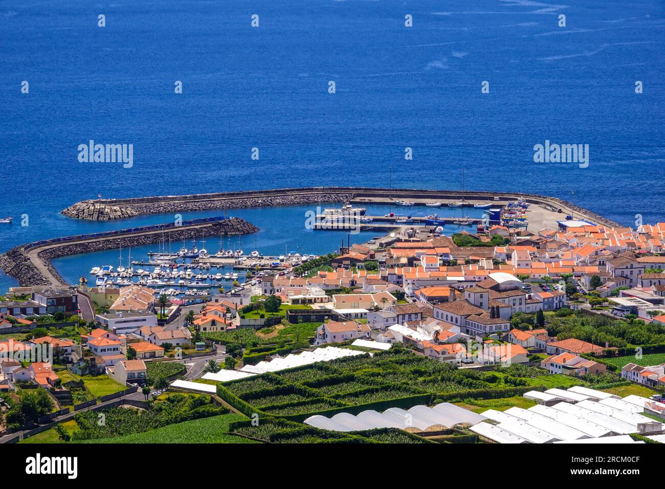 View of the waterfront port with pineapple and banana plantations ...