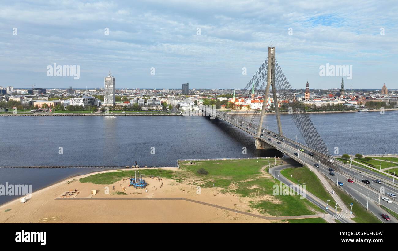 Daugava River Stone Bridge Akmens tilts crossing sand beaches shore ...