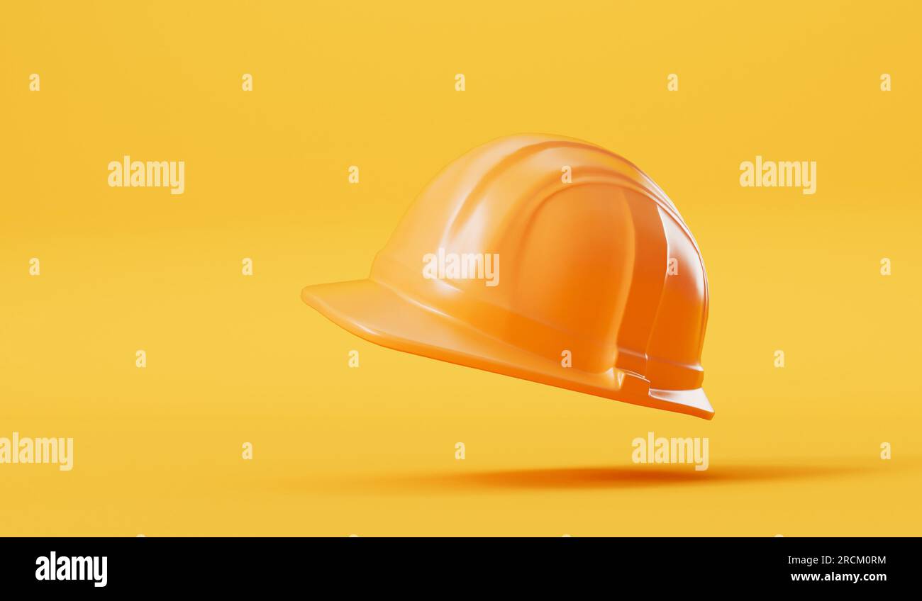 Yellow builders hard hat head protection on a yellow background. 3D ...