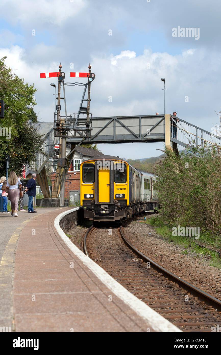 Class 150 sprinter train arriving at Tondu railway station with a ...