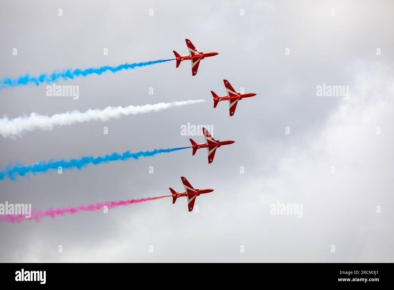 The Red Arrows display at Royal International air show at Fairford, UK ...