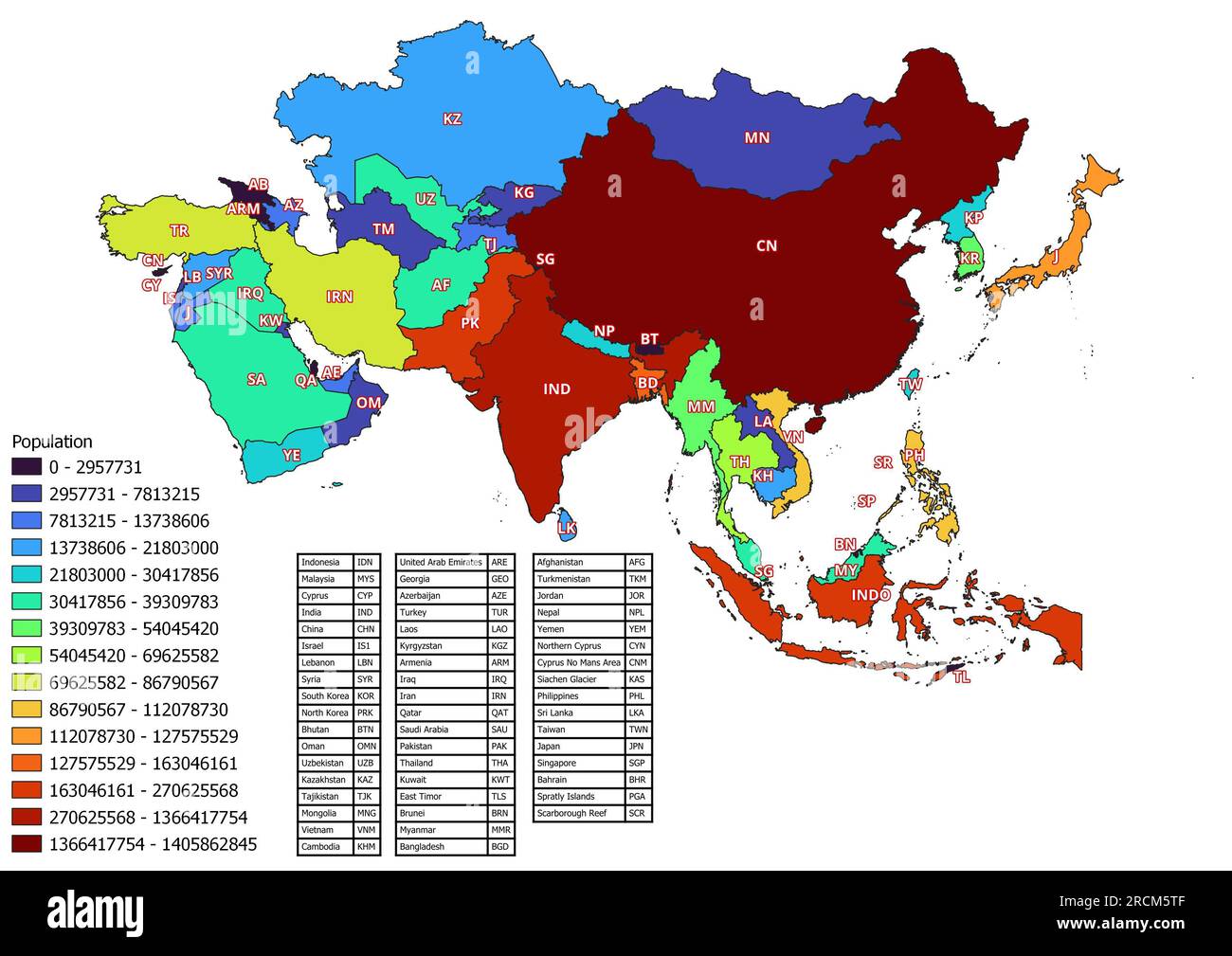 The Asia map classified by the number of inhabitants of the countries ...
