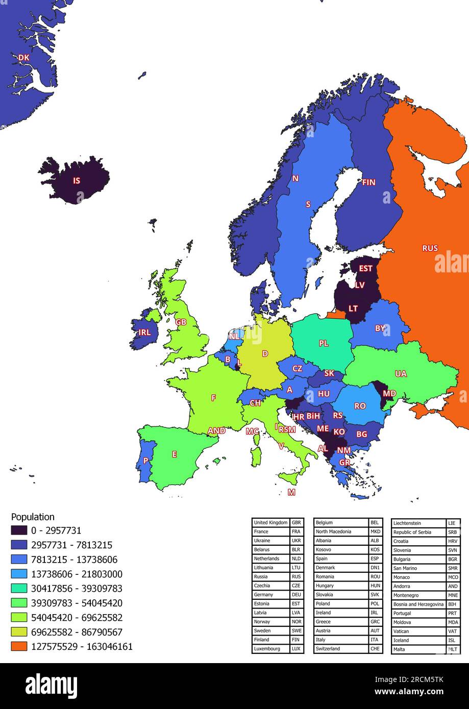The Europe map classified by the number of inhabitants of the countries ...