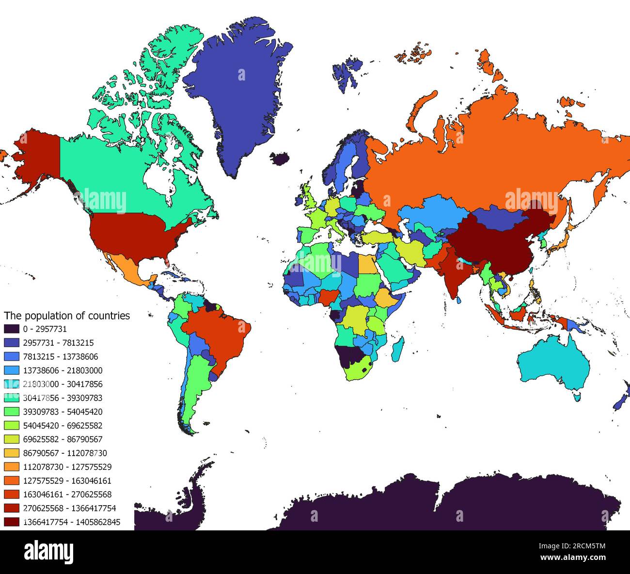 The world map classified by the number of inhabitants of the countries ...
