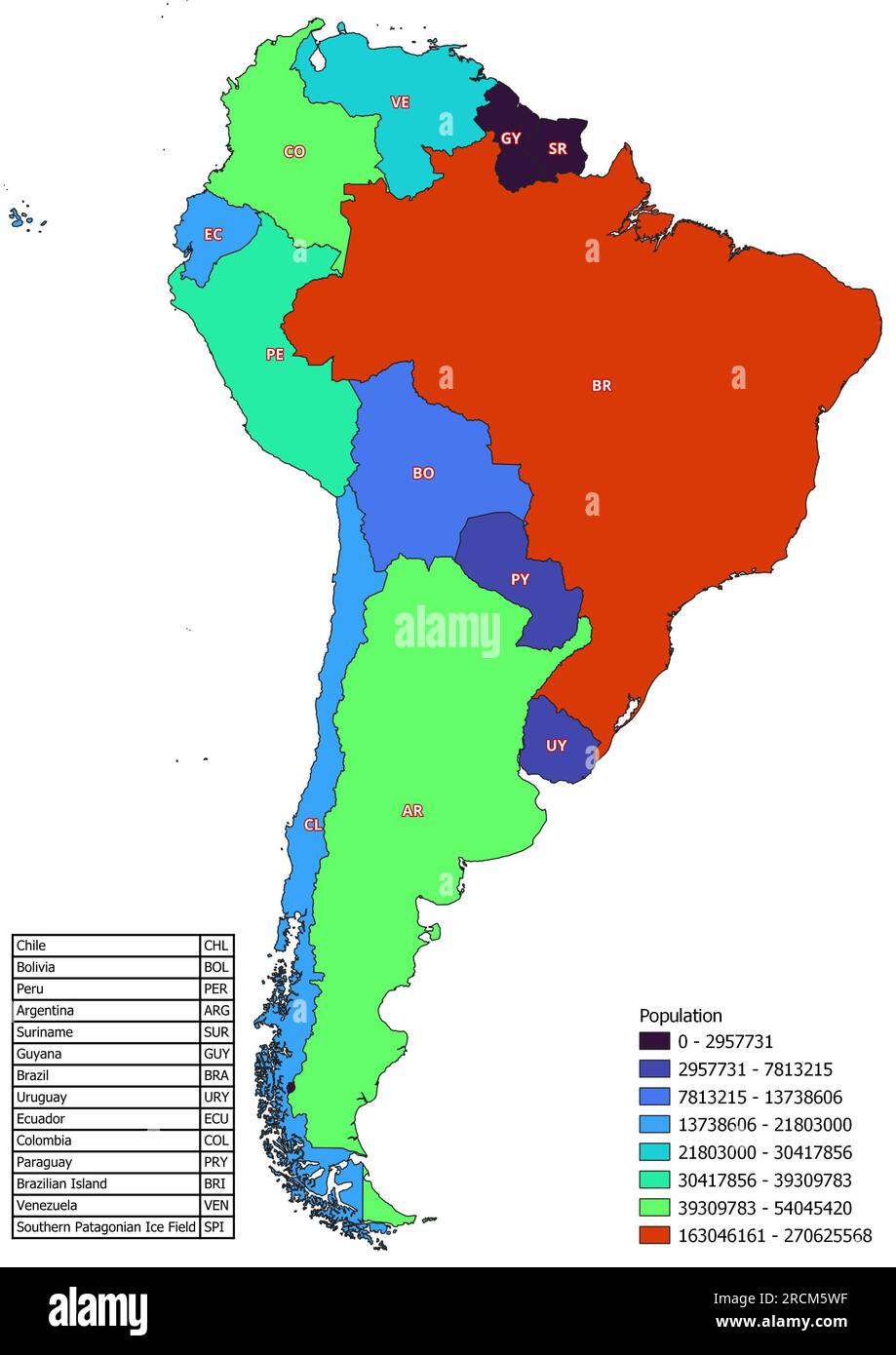 The South America map classified by the number of inhabitants of the ...