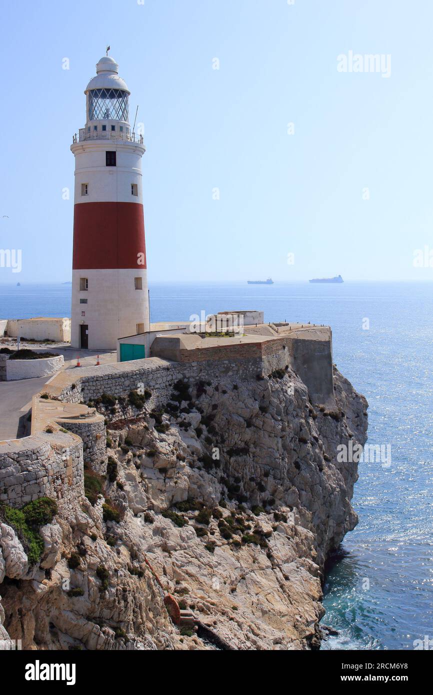 The red and white Europa Point lighthouse in Gibraltar, standing on the ...