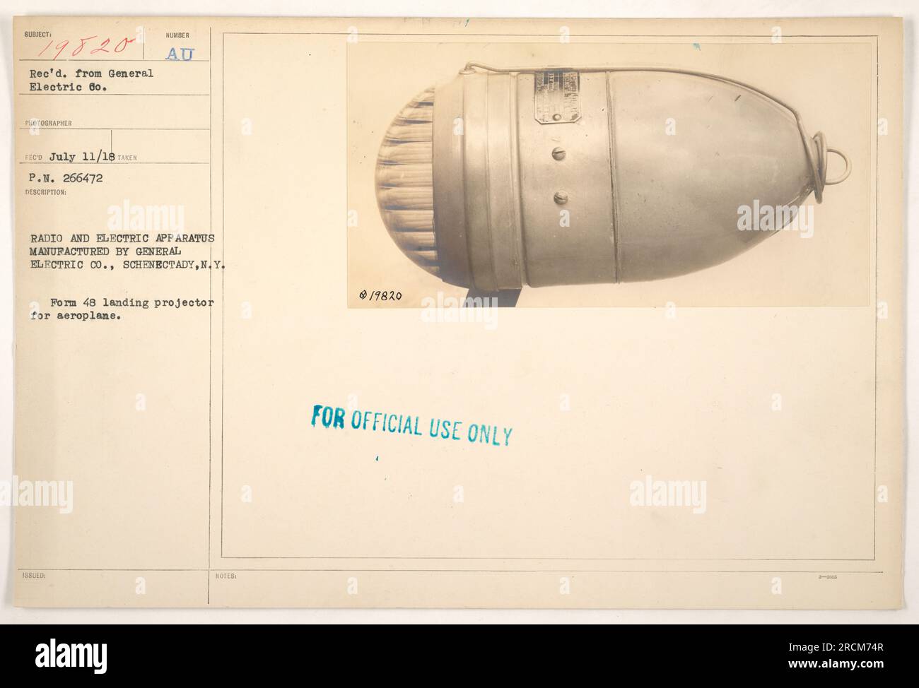 The image shows the Form 48 landing projector for an aeroplane ...