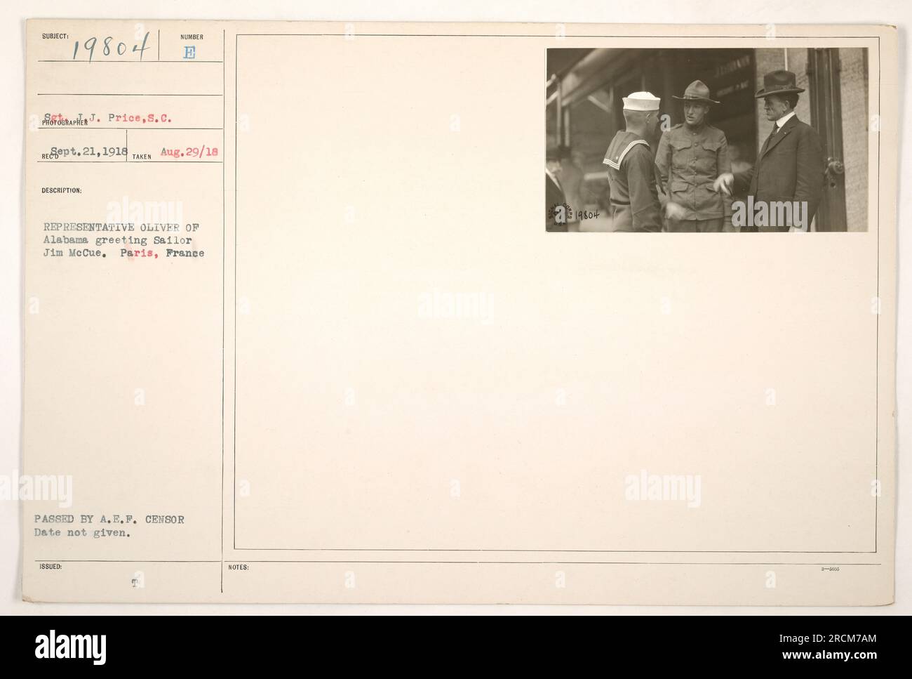 Representative Oliver of Alabama greets Sailor Jim McCue in Paris ...