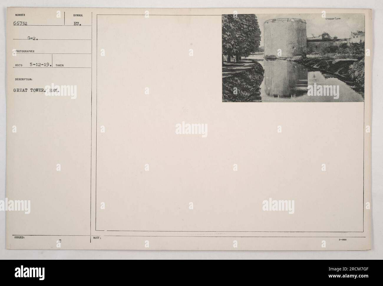 Photograph of a great tower located in Ham, identified by the Ham ...