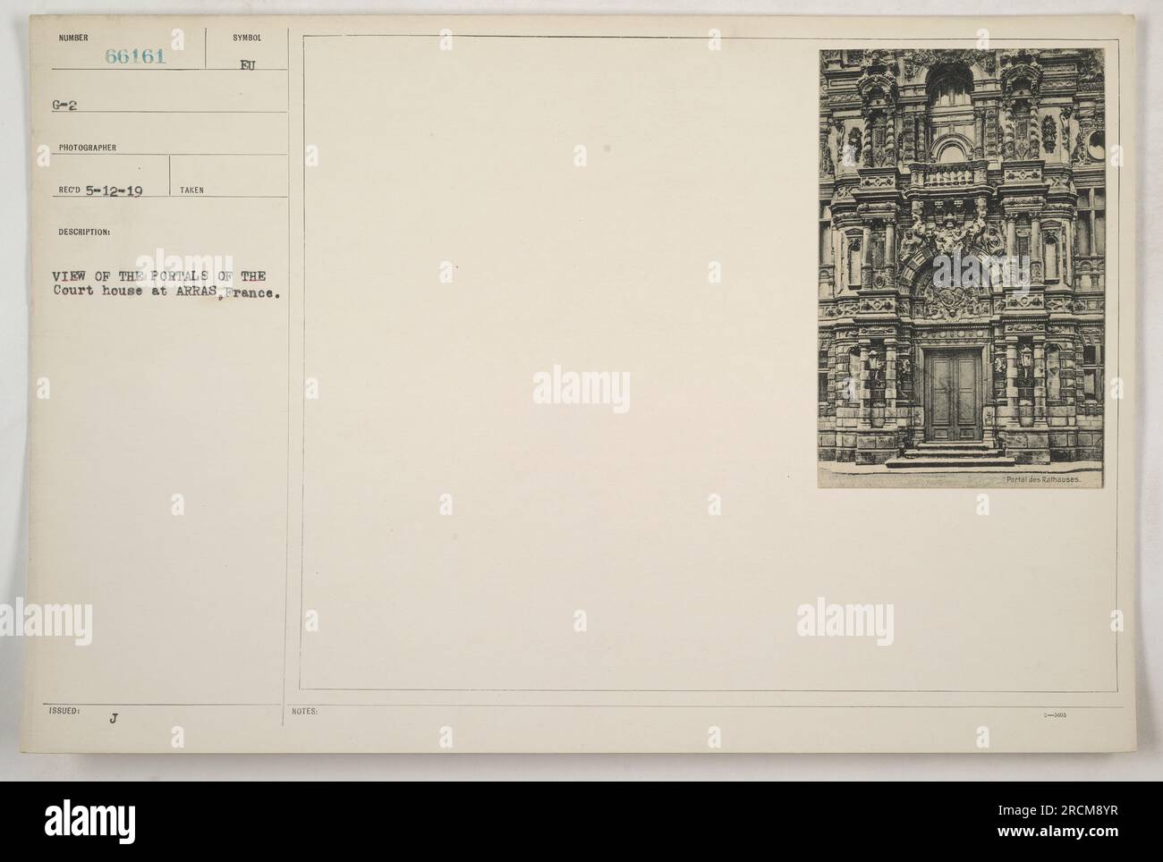 A photograph depicting the portals of the court house in Arras, France ...