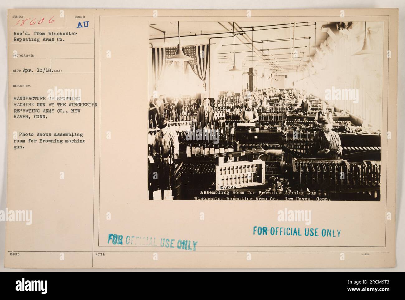 Photograph shows the assembling room for Browning machine guns at the ...