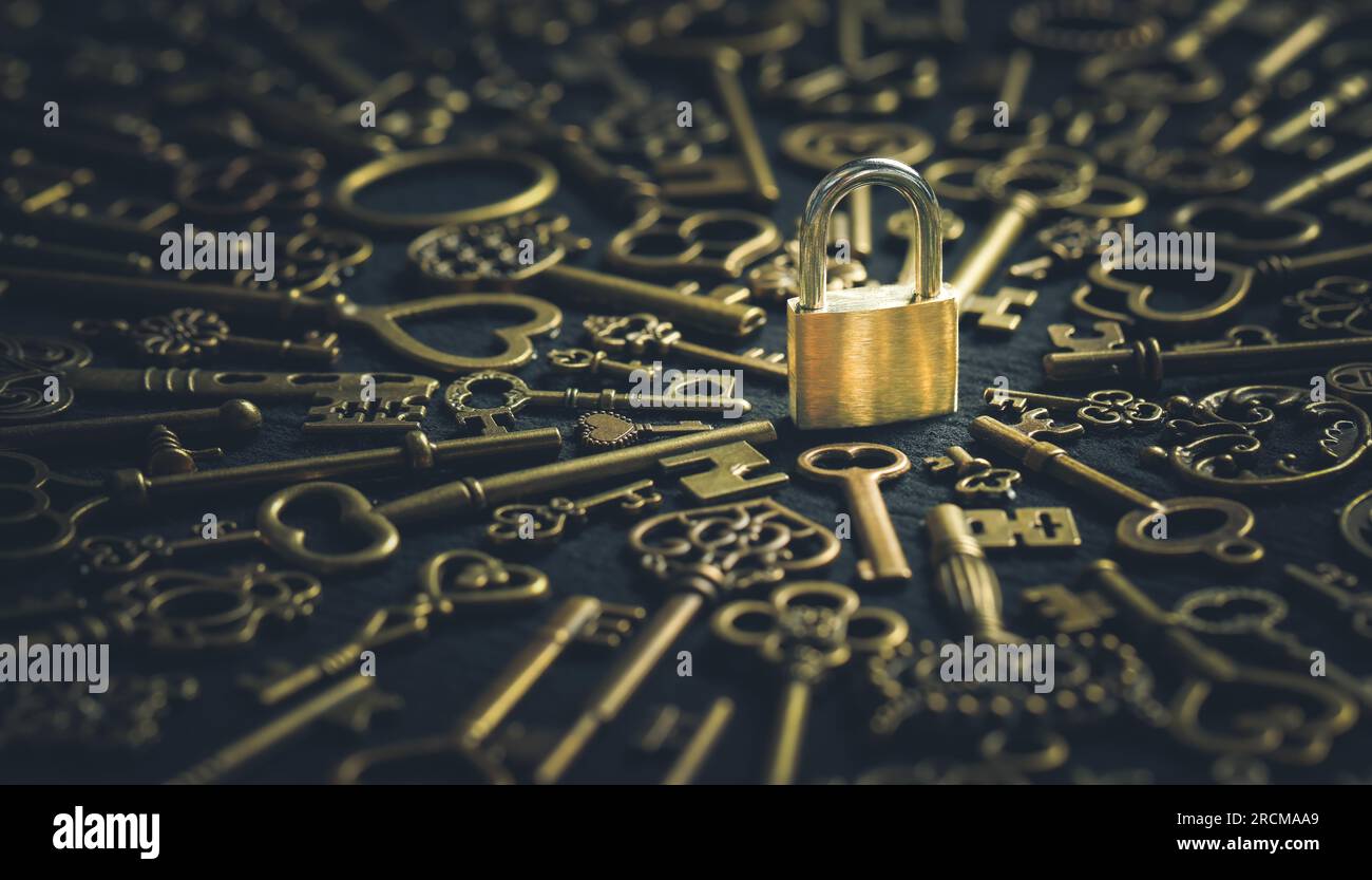Vintage victorian style keys surrounding a single gold lock ...