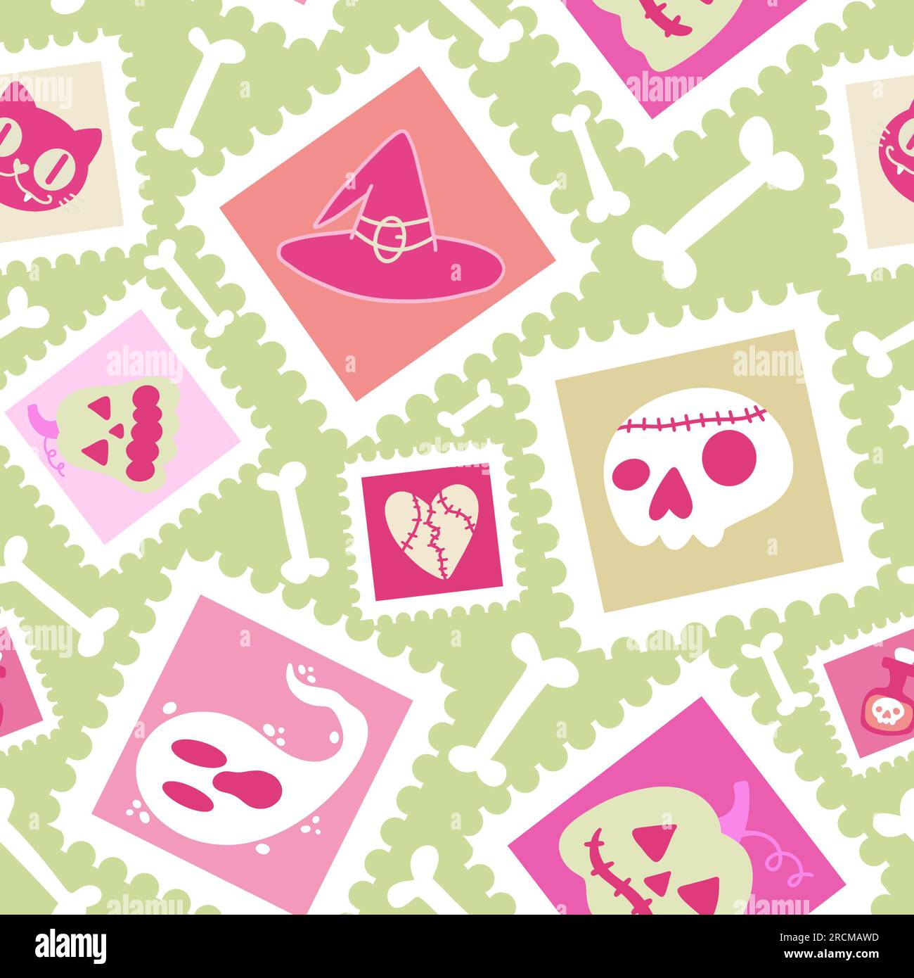 Postage stamps cartoon seamless Halloween pumpkins and ghost and poison ...