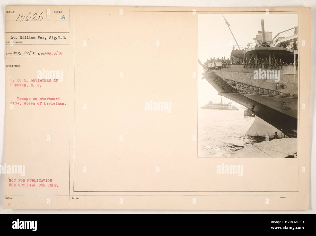 Troops positioned on the starboard side, stern of the U.S.S. Leviathan ...