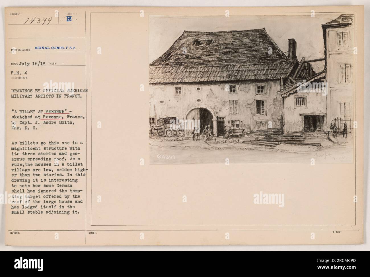 "A billet at Pexonne, France, sketched by Capt. J. Andre Smith, showing ...