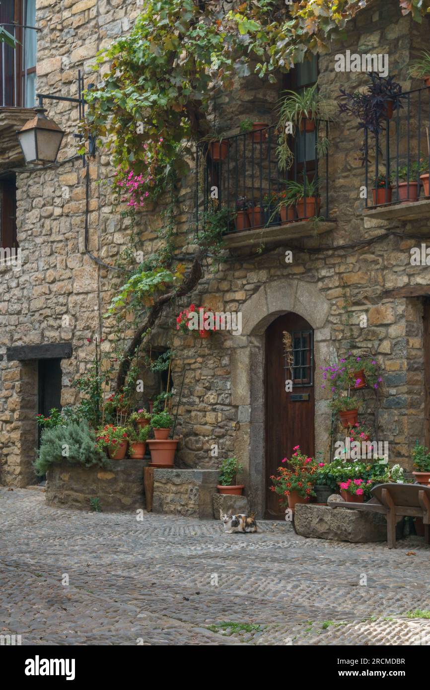 Street with stone houses in the medieval village of Ainsa in the ...