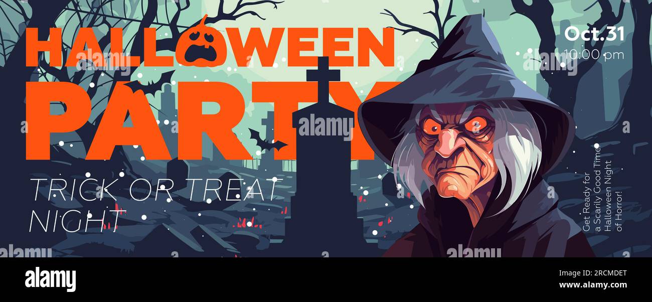 Halloween party banner with witch on tombstones backdrop. Horizontal ...