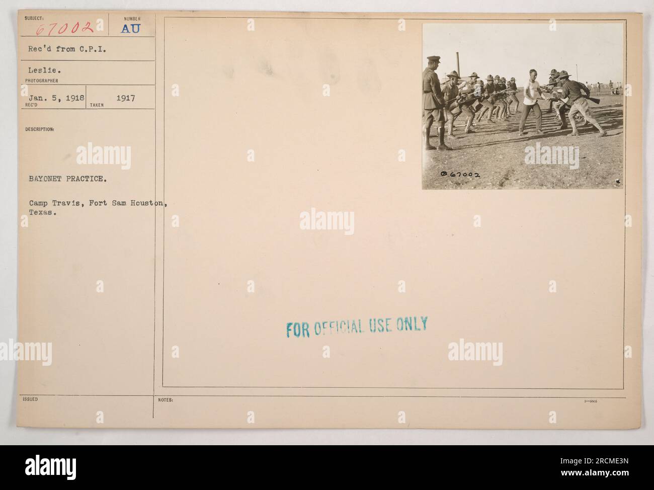 Soldiers at Camp Travis in Fort Sam Houston, Texas, engaging in bayonet practice during World ...