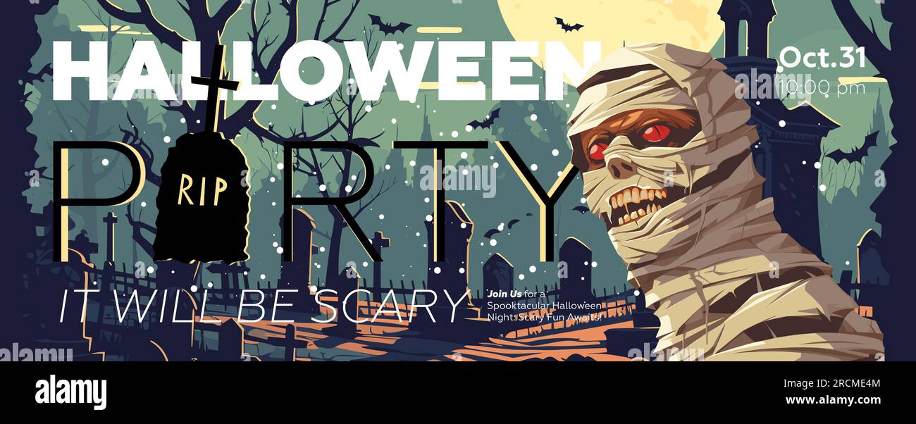 Halloween party banner with mummy on tombstones backdrop. Horizontal ...