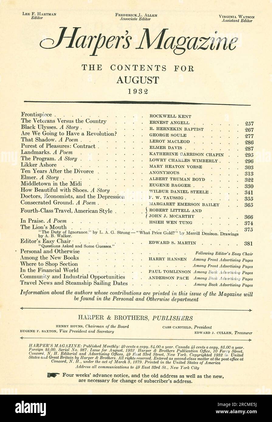 Harper's magazine August 1932 contents title page Stock Photo - Alamy