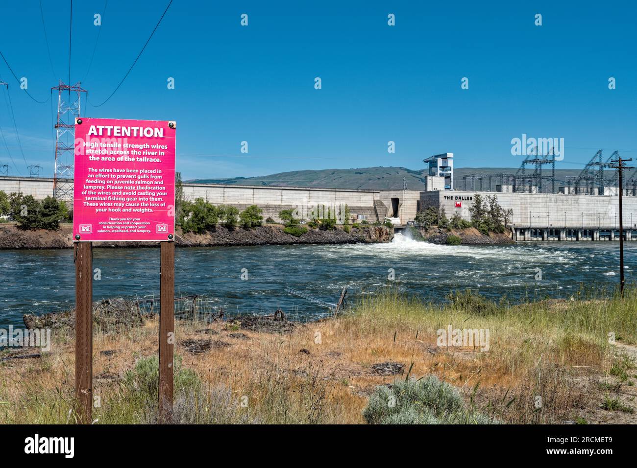Warning signs at The Dalles Dam on the Columbia River at The Dalles ...