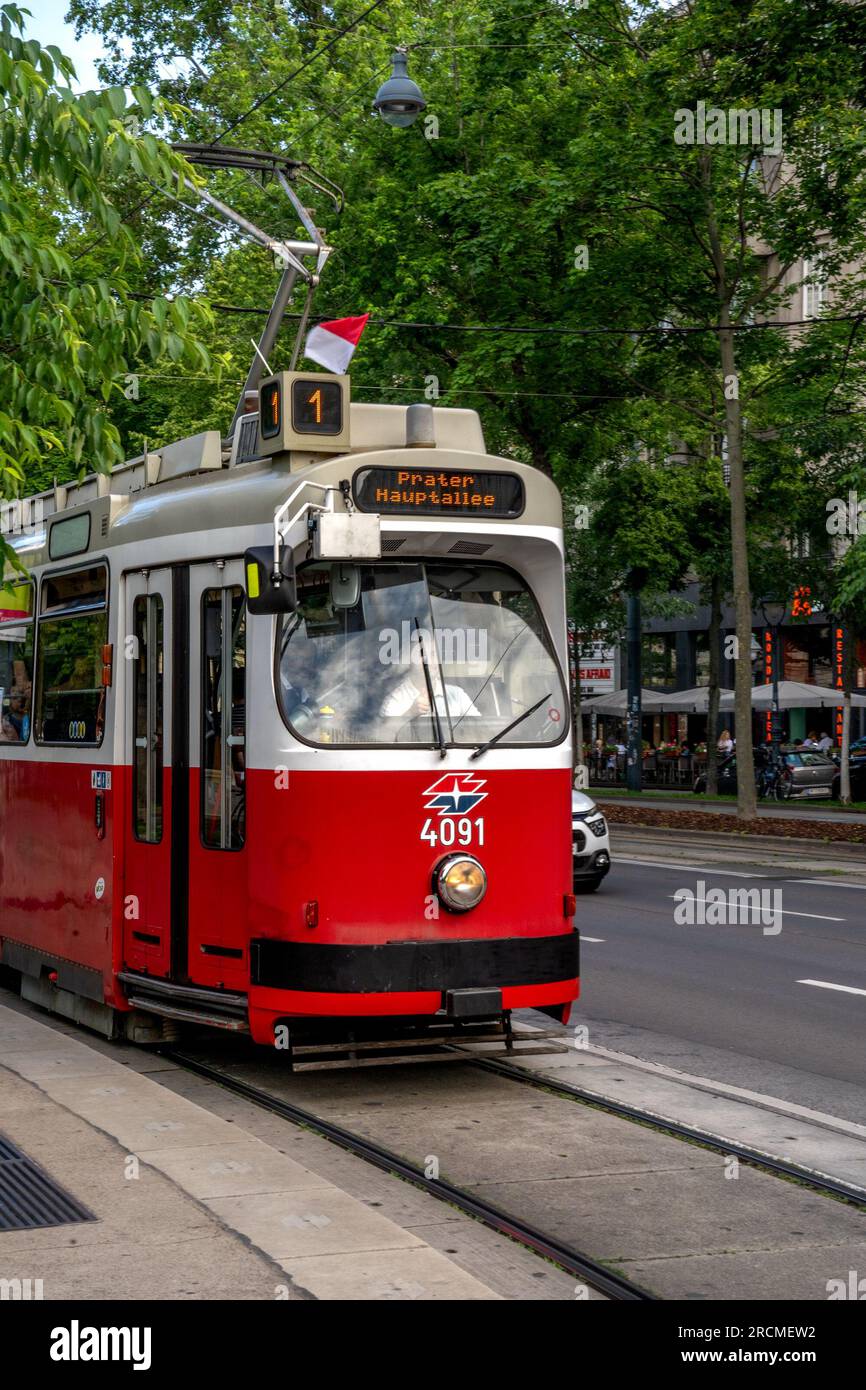 Vienna, AT – June 9, 2023 -Vertical view of the red and white ...