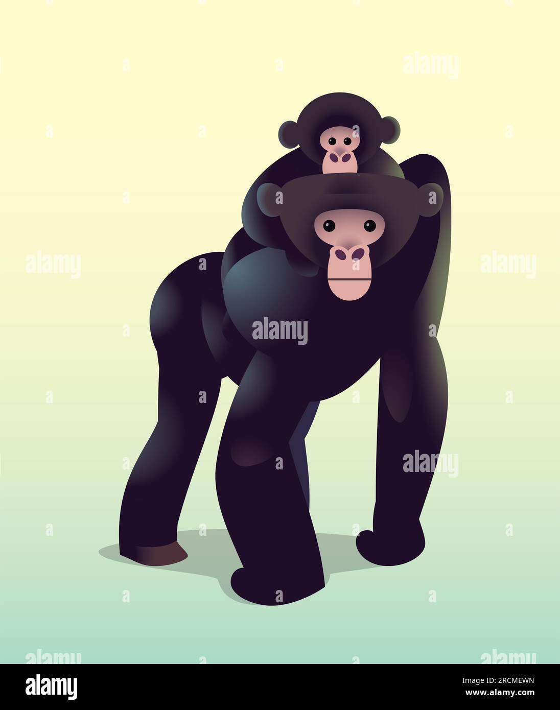 Monkey illustration. Primates. Baby bonobo on mom's back vector ...