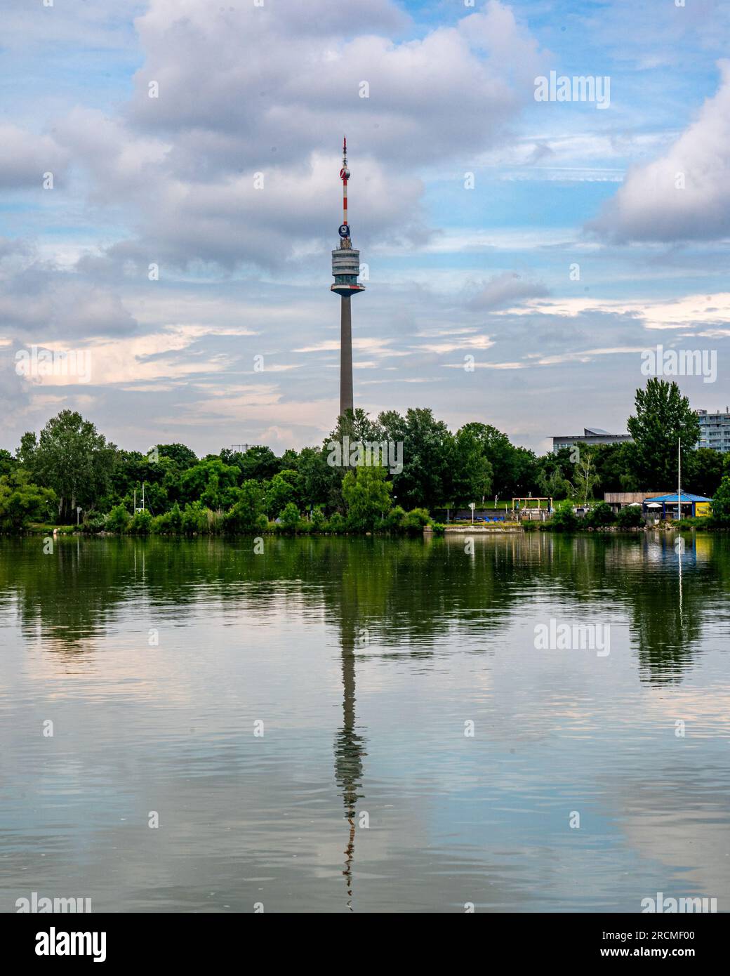Vienna, AT - June 9, 2023 Landscape view of the Donauturm, a tower on the north bank of the ...