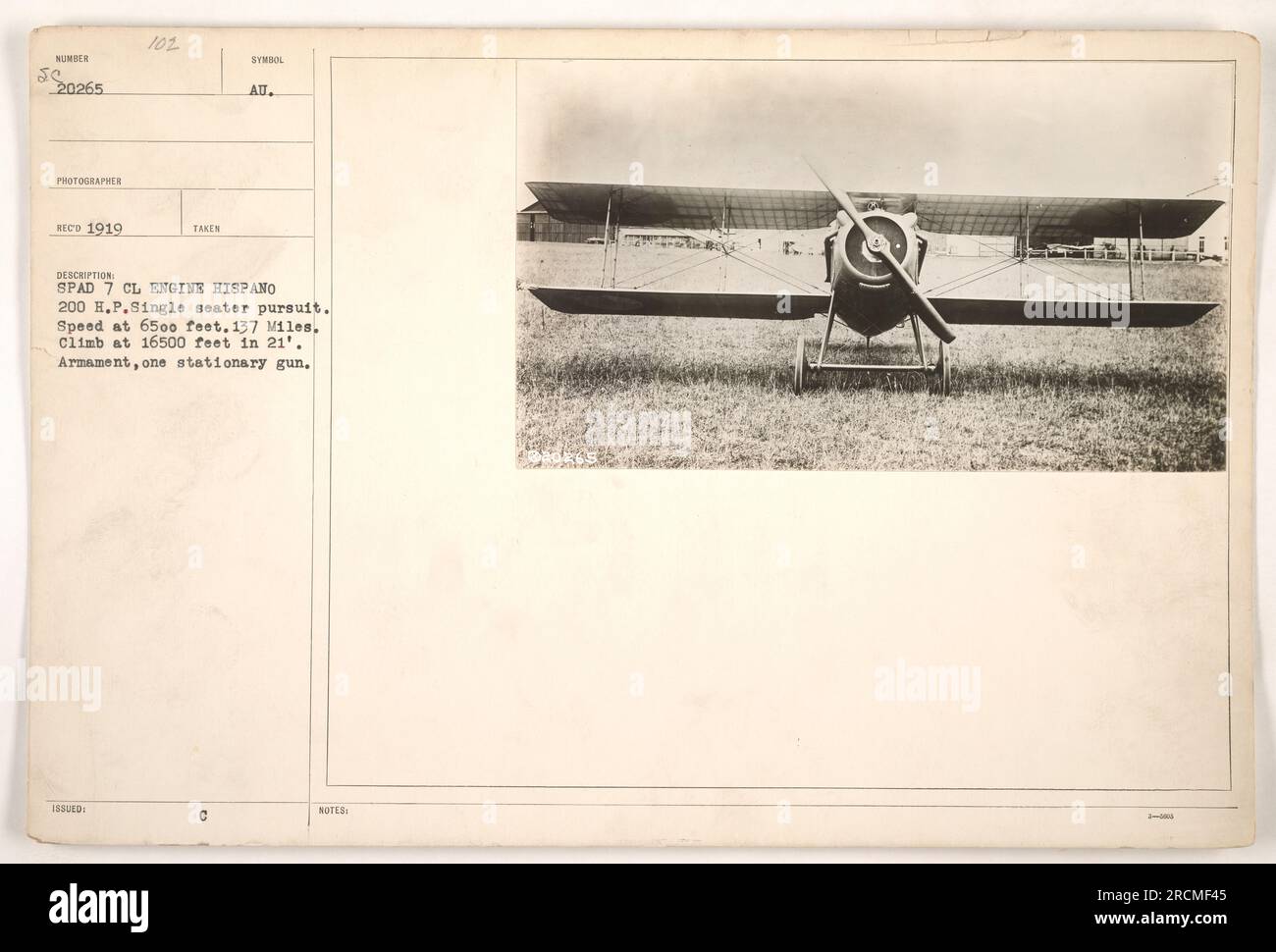 Image of a SPAD 7 single seater pursuit aircraft from World War One ...