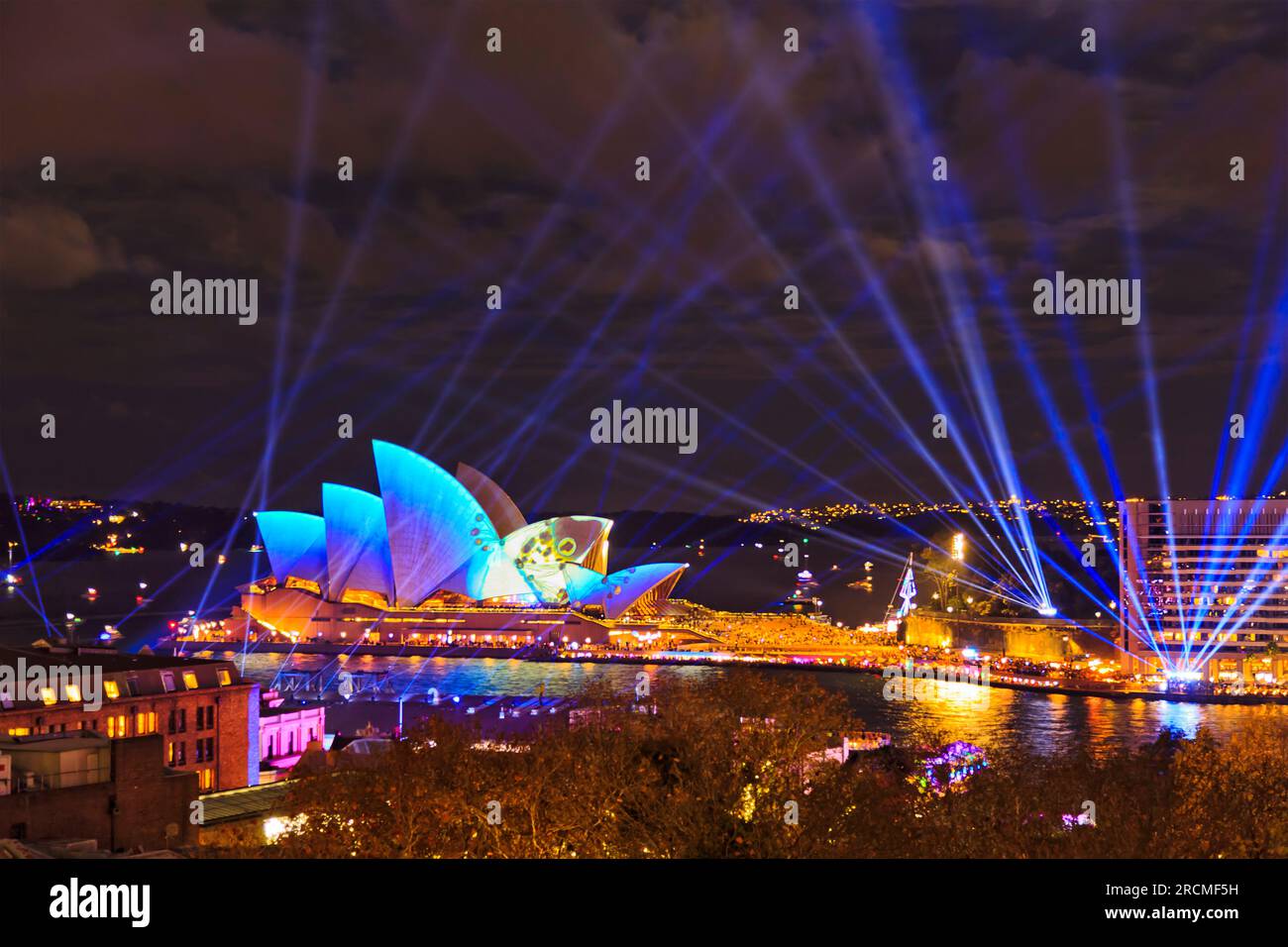 Sydney harbour Circular Quay waterfront at Vivid Sydney light show ...