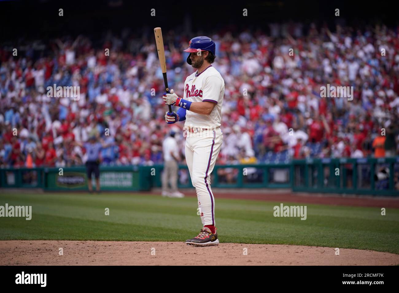 Philadelphia Phillies' Bryce Harper waits to bat during the first baseball game in a ...