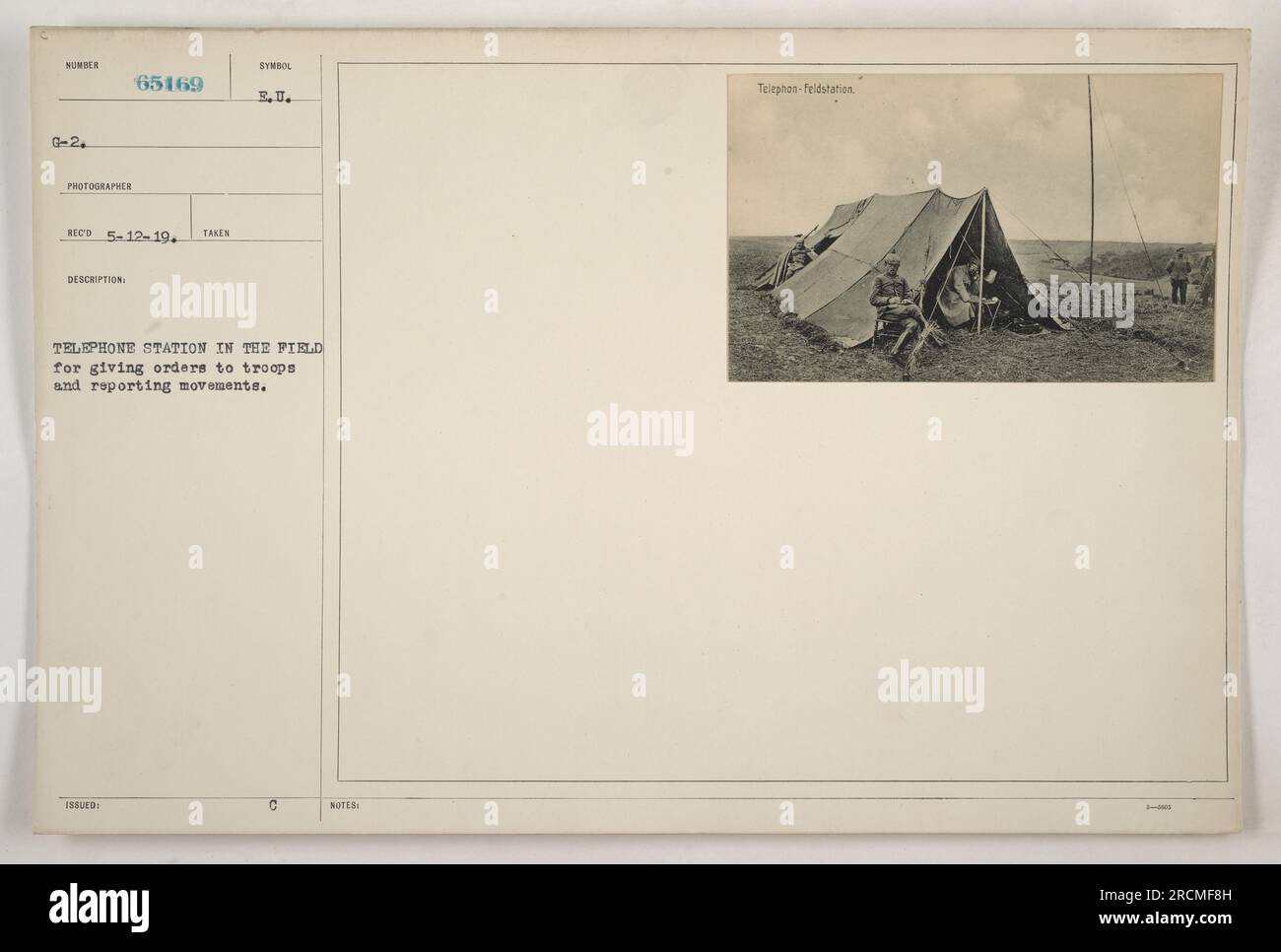 Telephone station set up in the field during World War One to provide ...