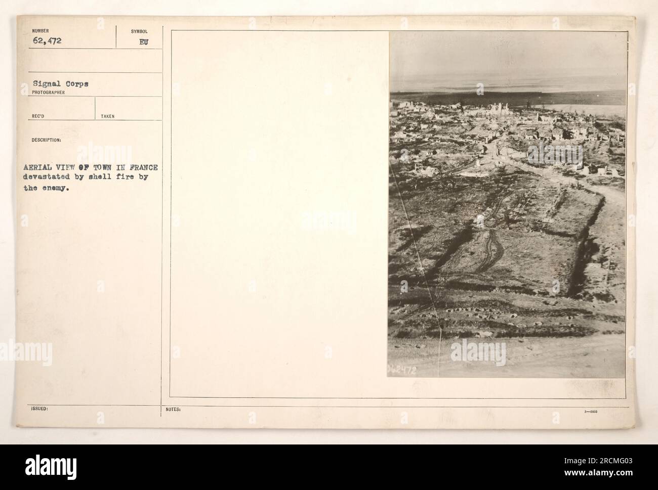 Aerial photograph showing a town in France that has been severely ...