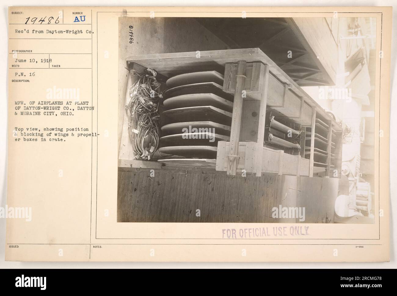 Top view of a crate containing airplane wings and propeller boxes at ...