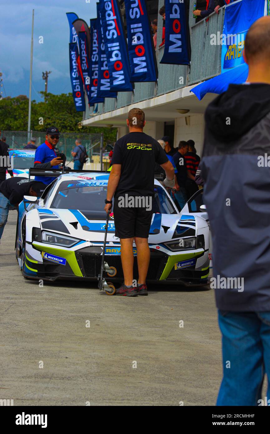 An Audi R8 GT3 EVO inside the pits after winning a race. The driver had ...