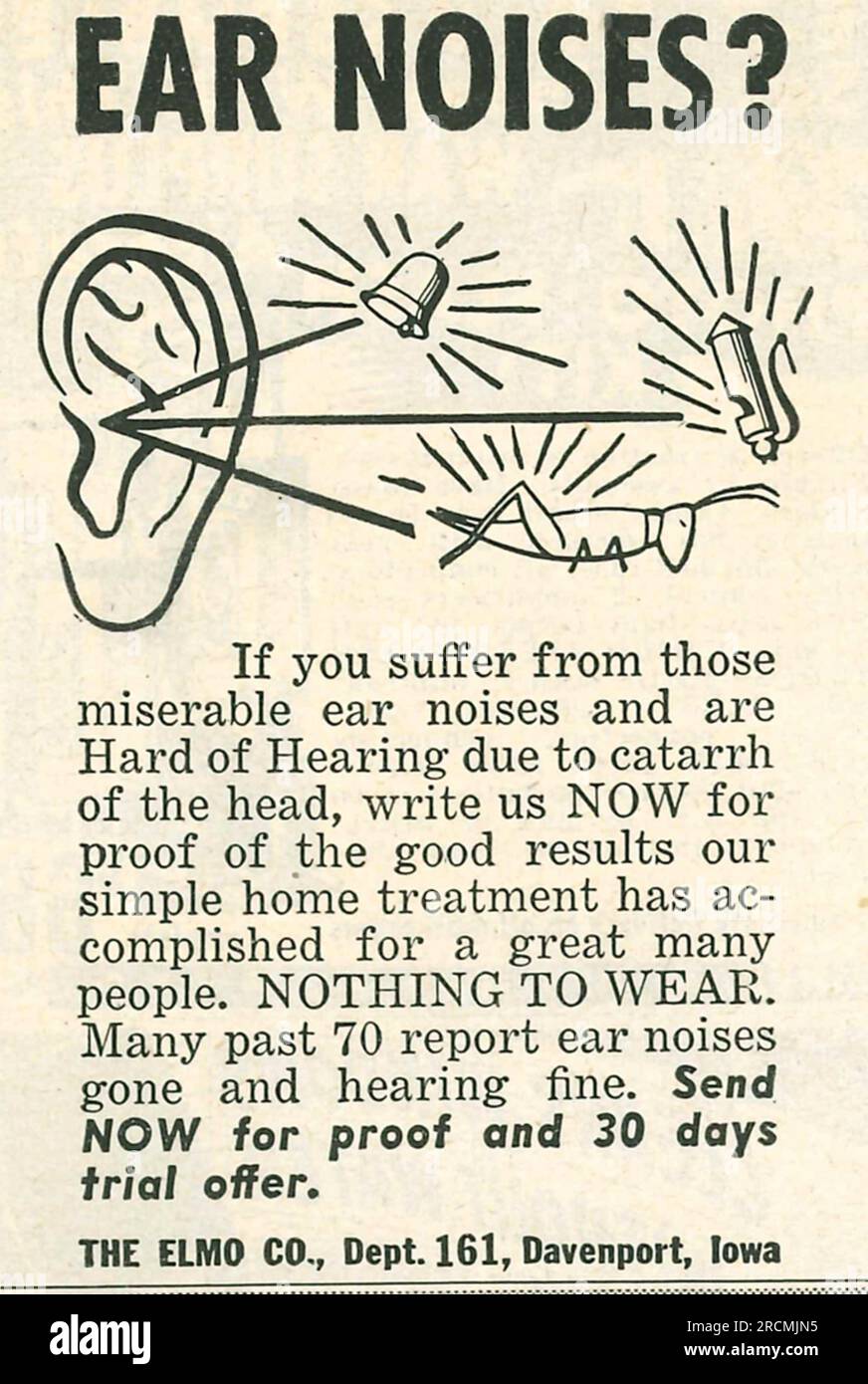 Ear noises home treatment by the Elmo co advert in a magazine 1949 ...