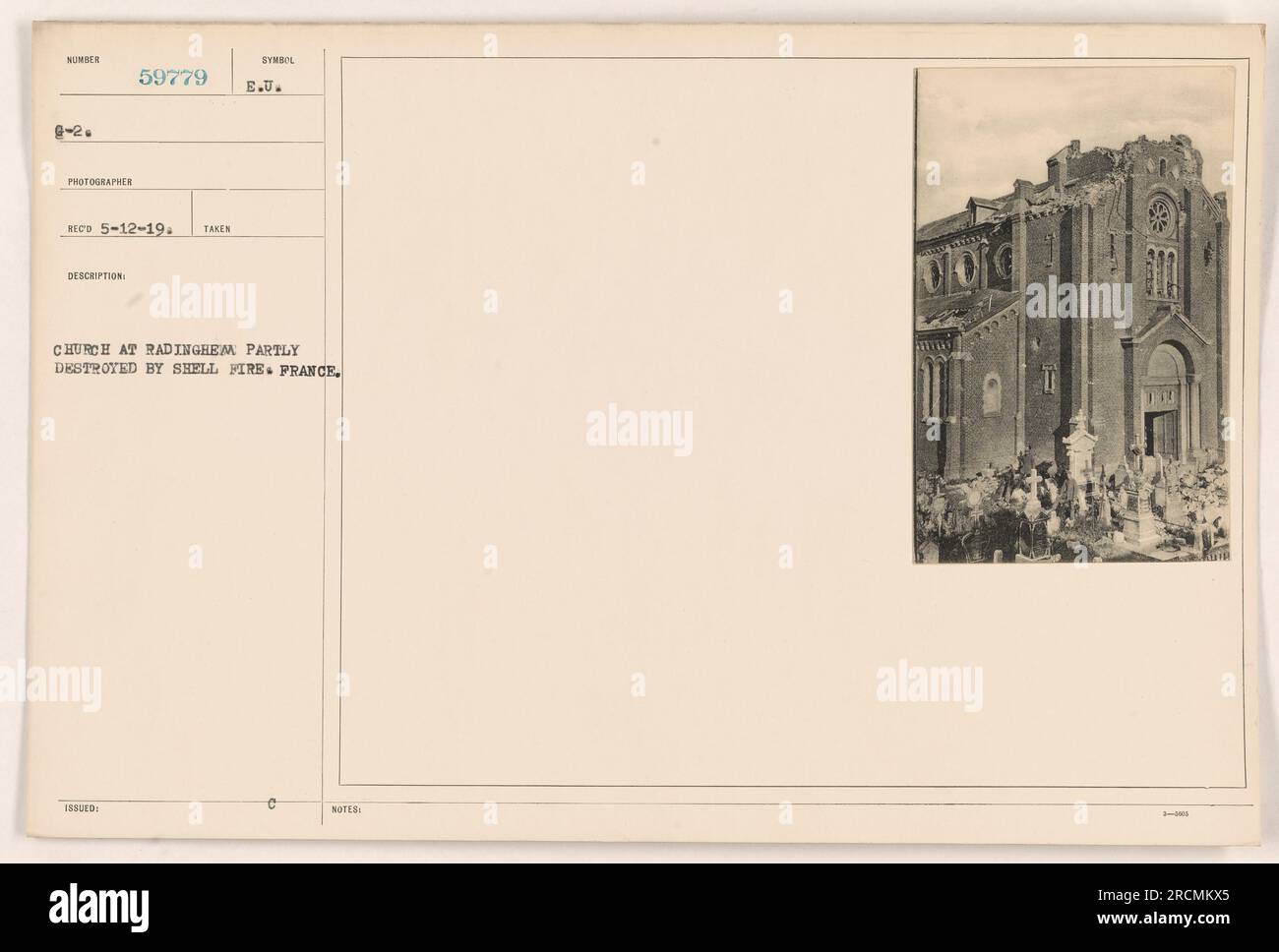 Church at Radinghem damaged by shell fire during World War One. The ...